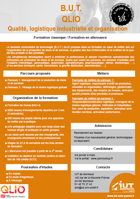 B.U.T. Qualité, ligistique industrielle et organisation | IUT de Montreuil